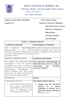 Cheniemaebenezperez - Understanding by Design - KING’S COLLEGE OF ...
