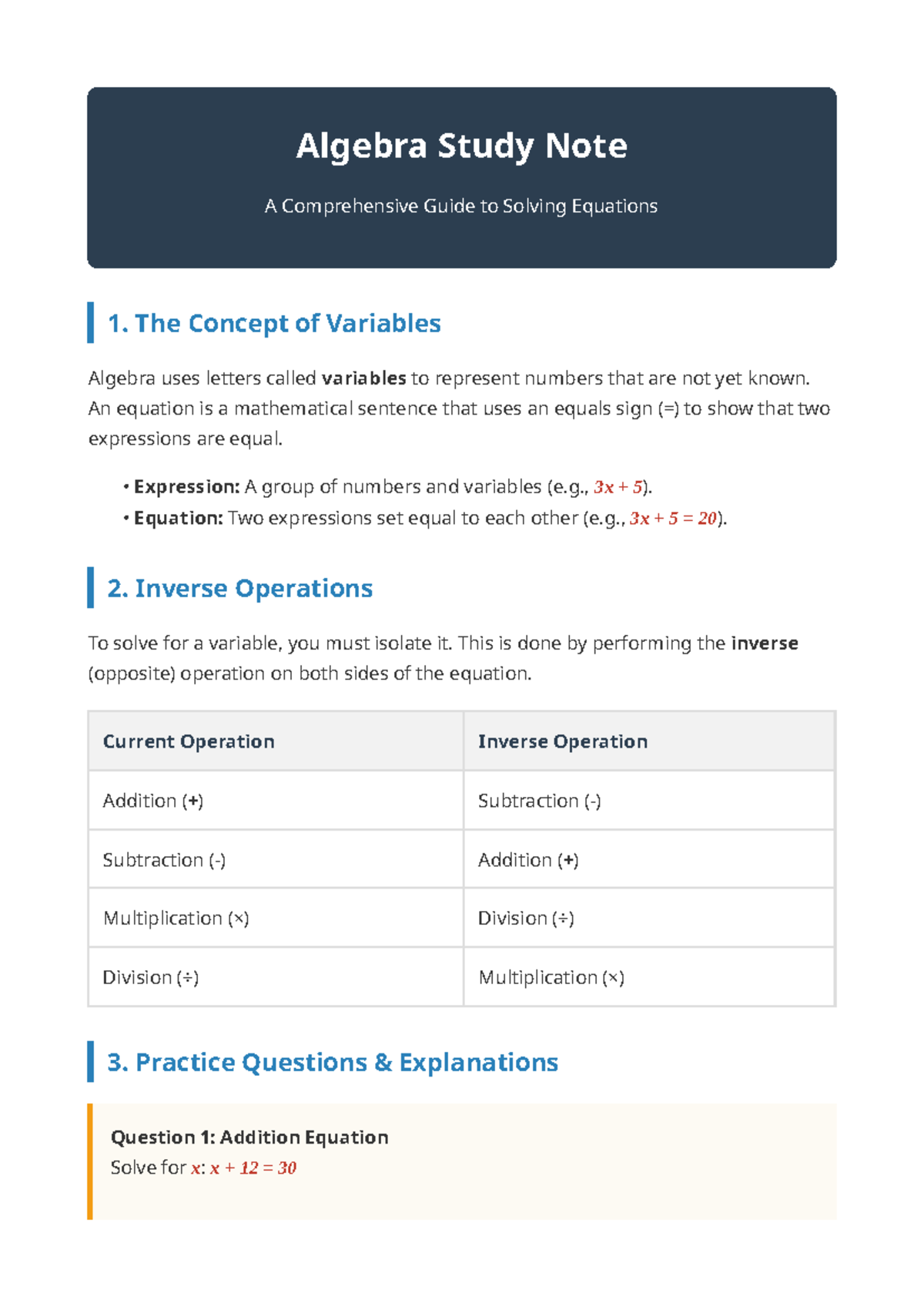 Algebra Study Notes: A Guide to Solving Equations for Pre-Engineering ...