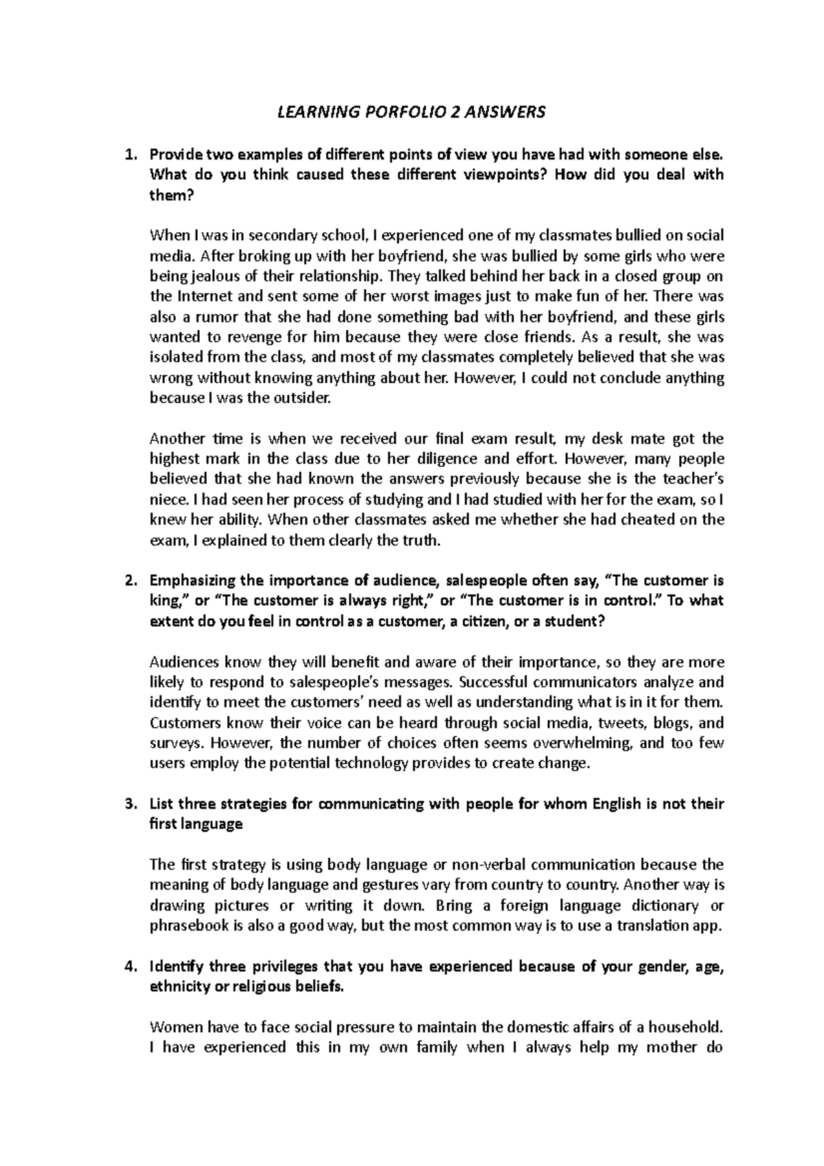 Answers for Individual Assignment 2 - LEARNING PORFOLIO 2 ANSWERS 1 ...
