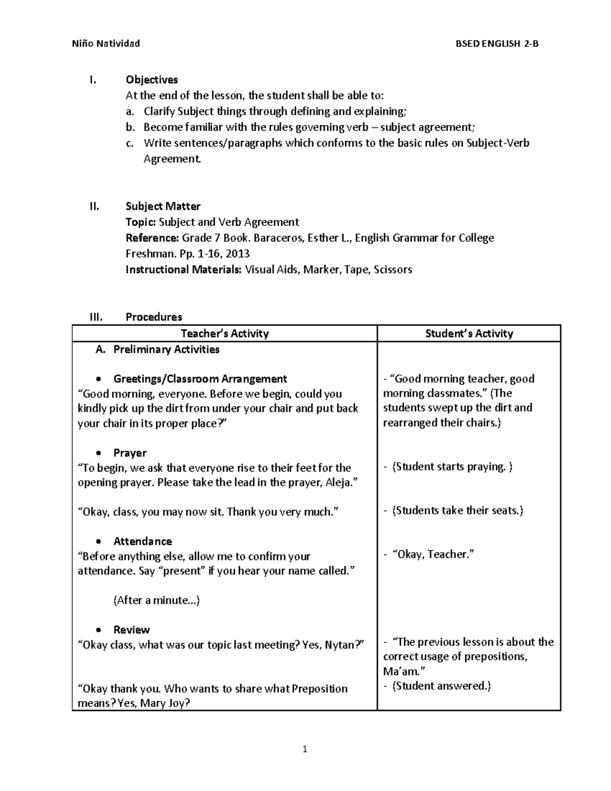 English 7: Lesson Plan on Subject-Verb Agreement - Studocu