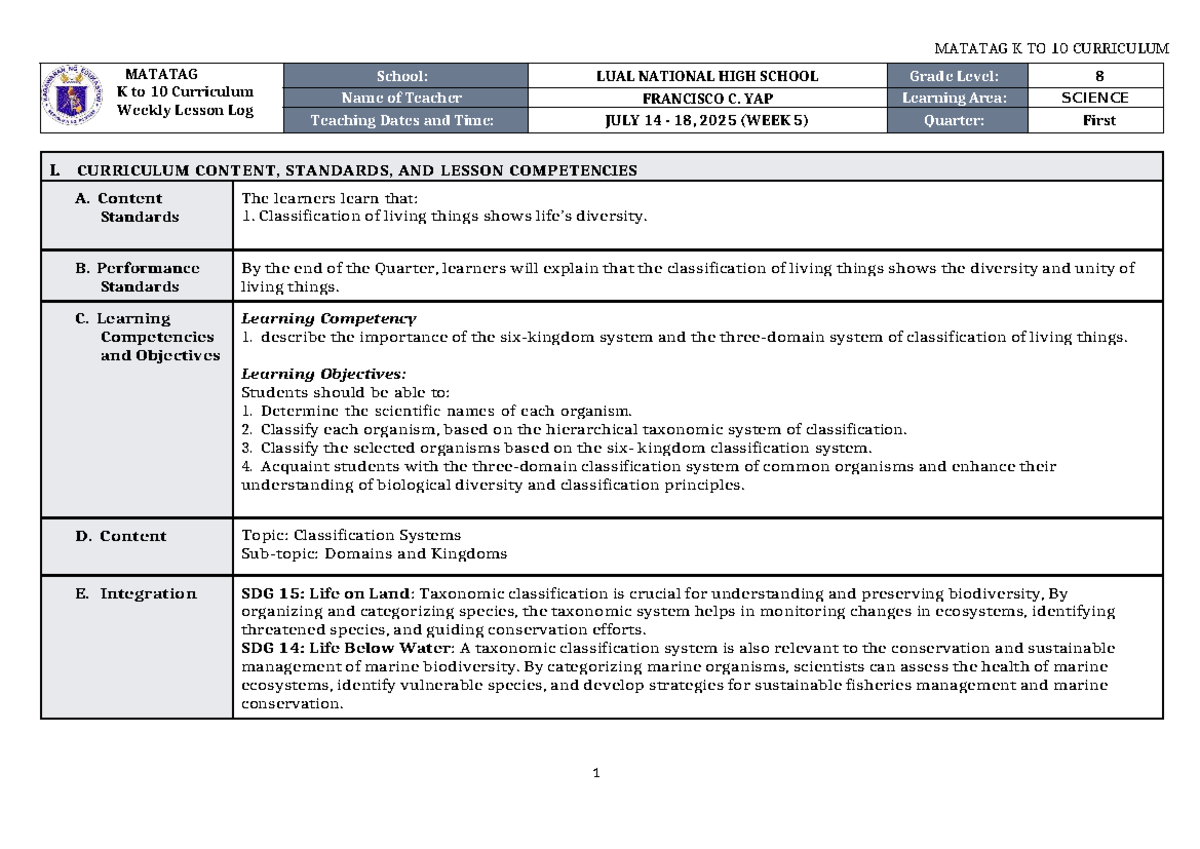 MATATAG K to 10 Curriculum: Science 8 Weekly Lesson Log (W5) - Studocu