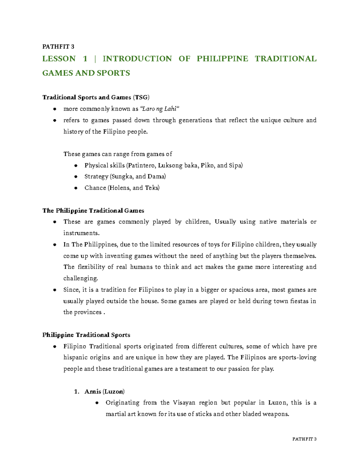 PATHFIT 3 - Filipino Traditional Games and Sports Lesson Notes - Studocu