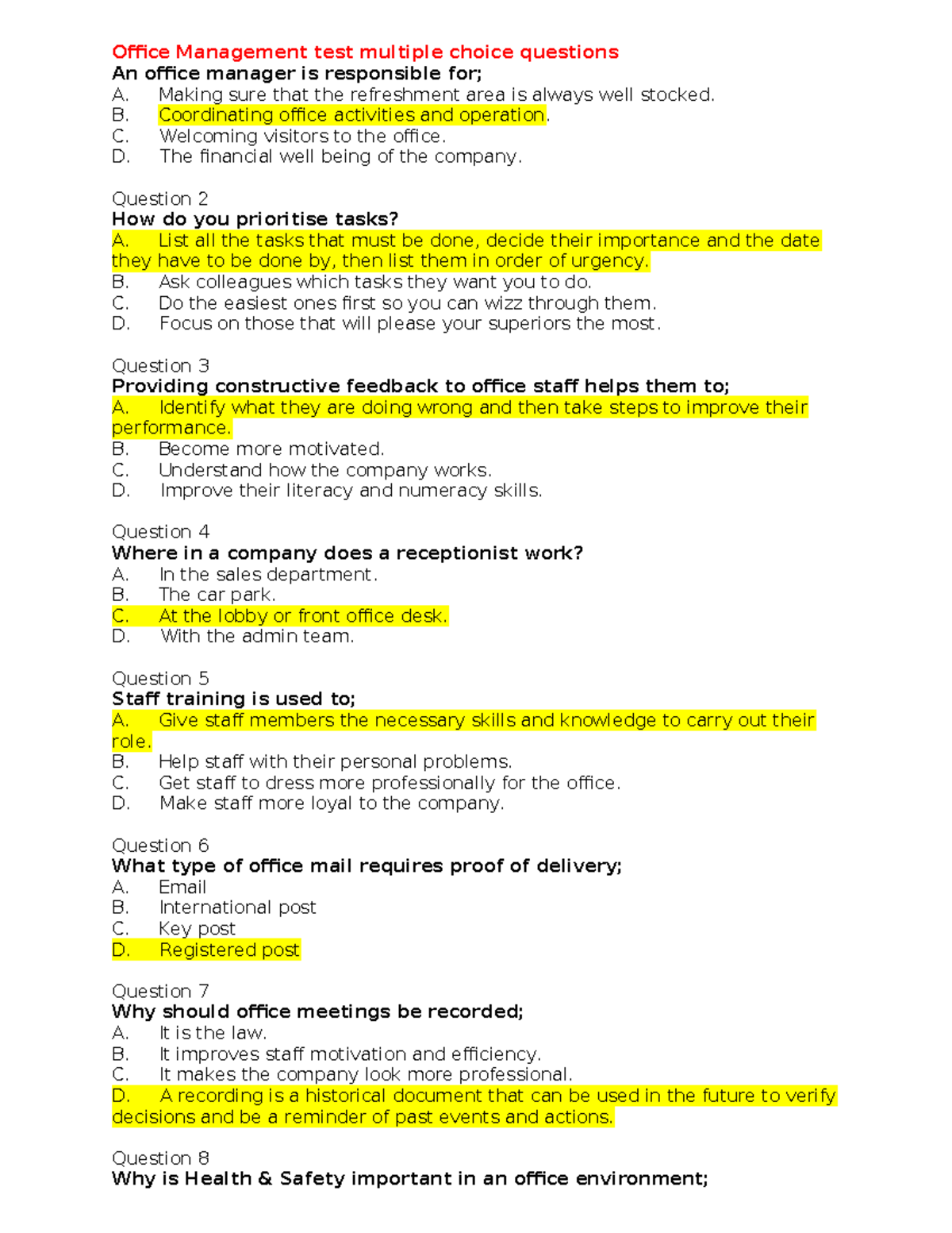 Office Management MCQ Practice Test 12-06-2024 - Studocu