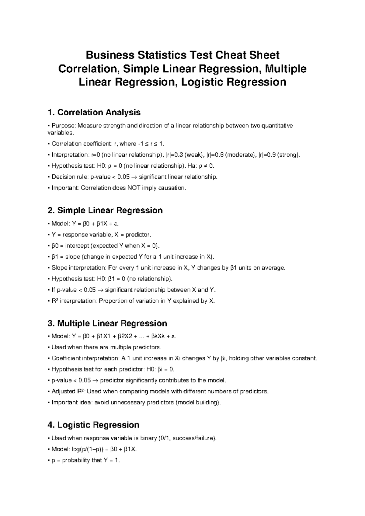 BUS 301 Final Exam Cheat Sheet: Correlation & Regression Techniques ...
