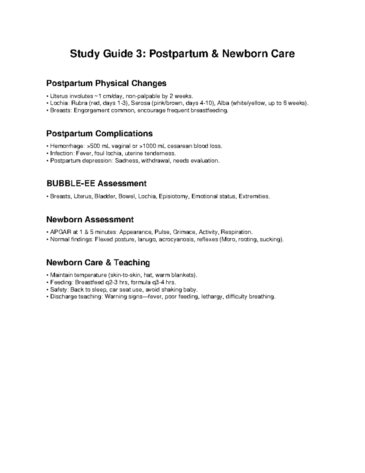 Study Guide 3: Postpartum Newborn Care & Complications - Studocu