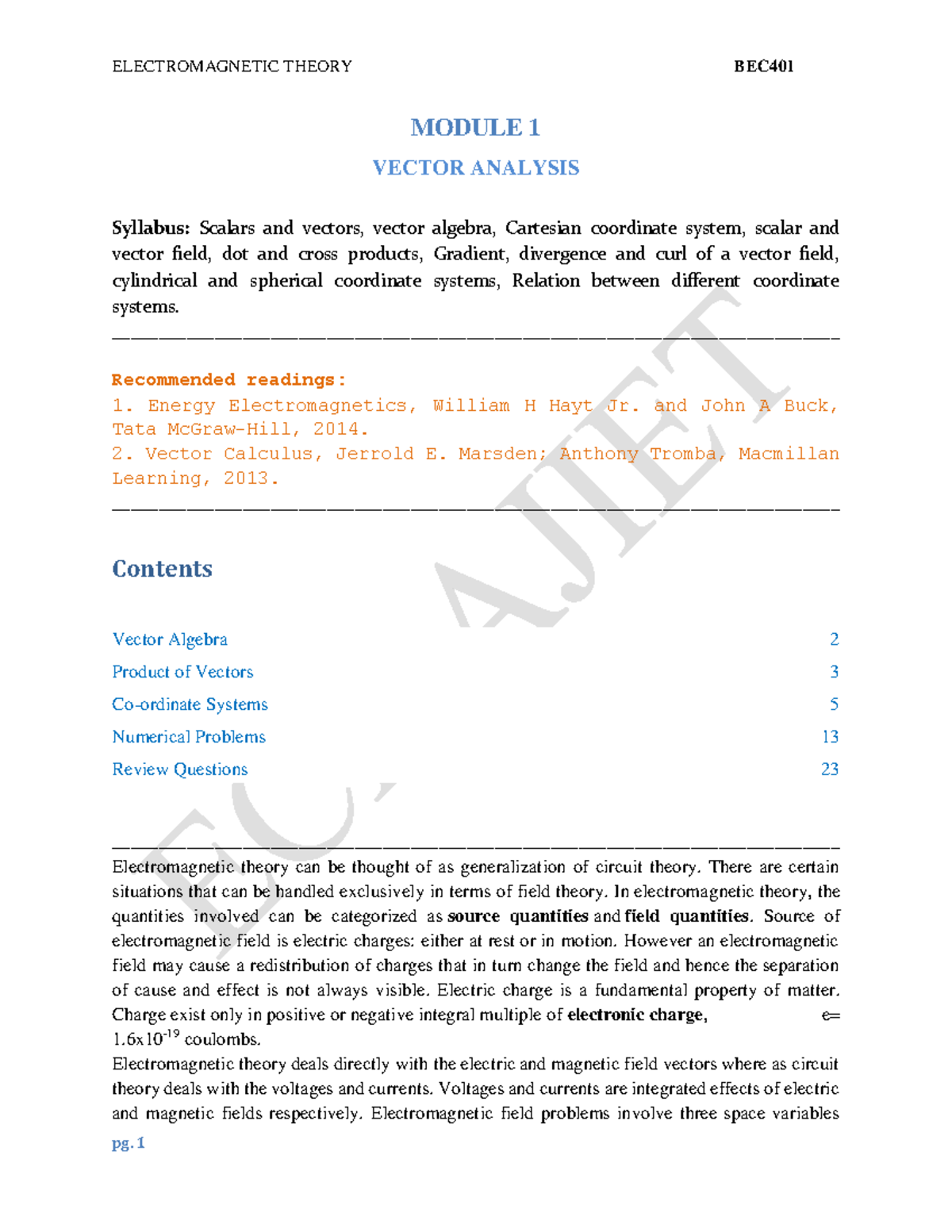 Module 1 - Vector Analysis and Electric Field Concepts - Studocu