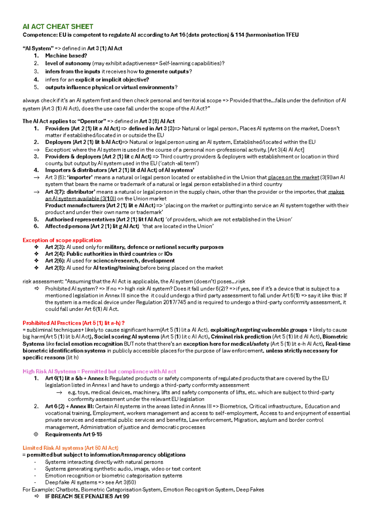 AI ACT CHEAT SHEET: Key Competence & Regulations Overview - Studocu