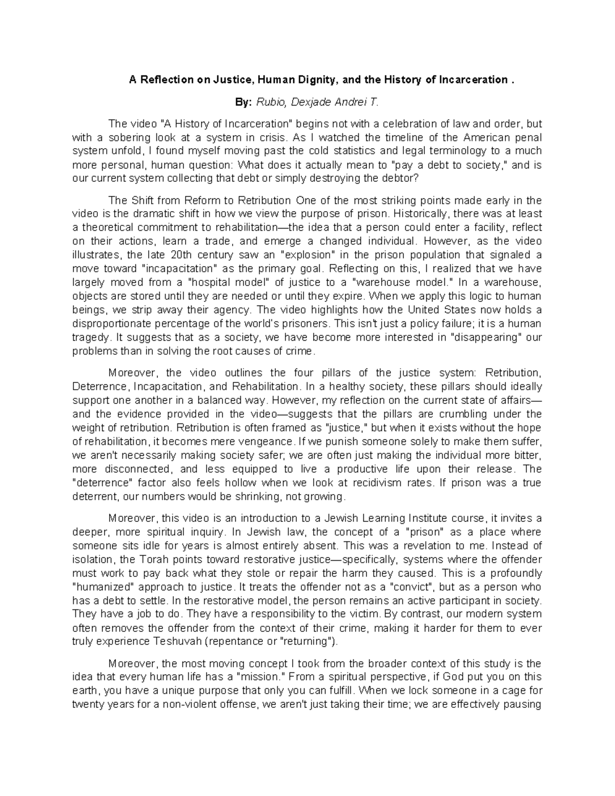 Reflection Paper on Justice and Incarceration: A Critical Analysis ...