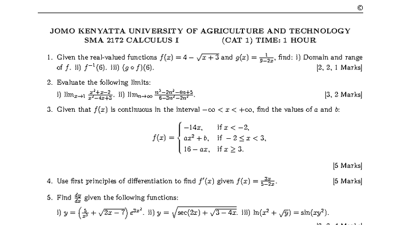 SMA 2172 CALCULUS I (CAT 1 & CAT 2) STUDY NOTES - Studocu