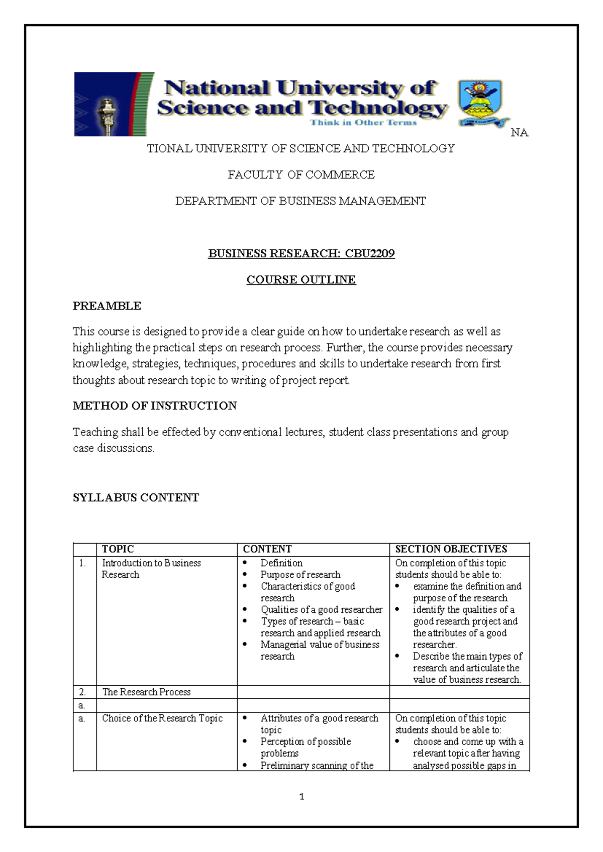 Business Research Course Outline (CBU) - 2024 Overview - Studocu