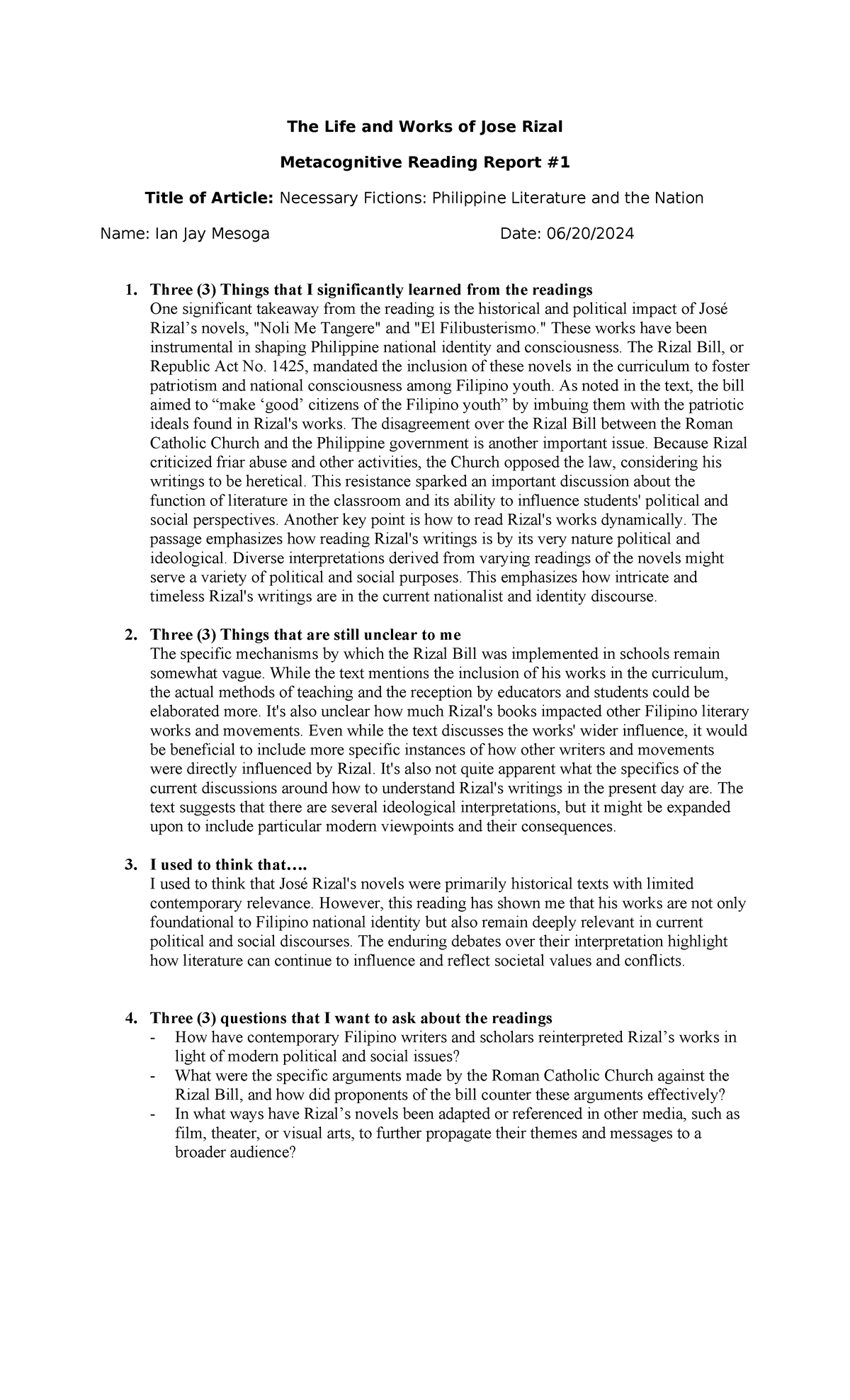 MRR1 - Metacognitive Report on Rizal's Impact and Significance - Studocu