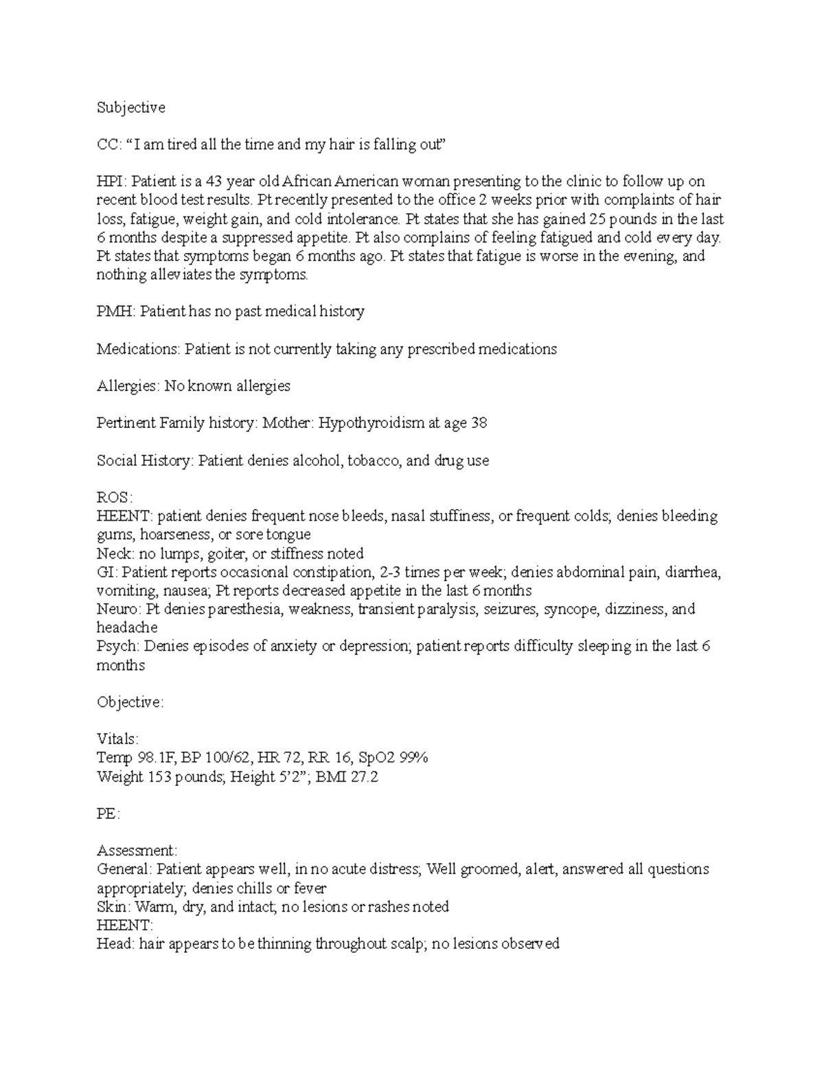Focused SOAP Note on Hypothyroidism Evaluation and Management - Studocu