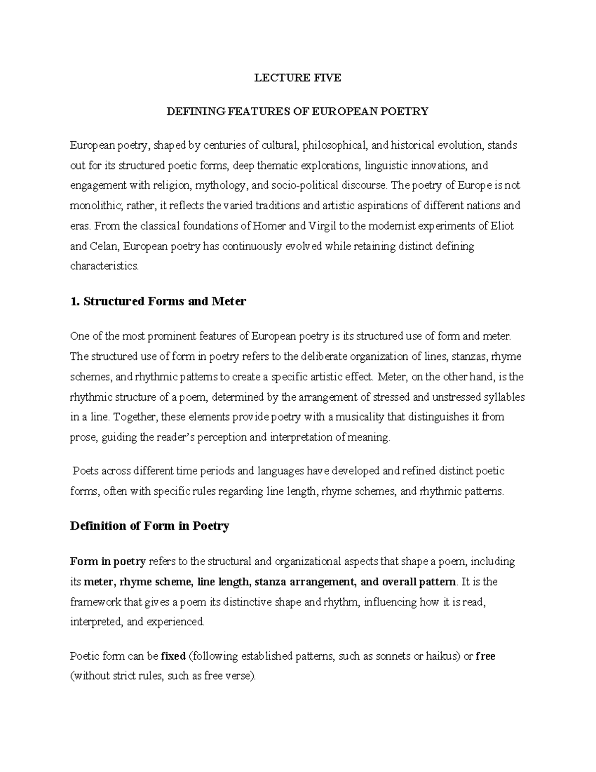 DEFINING FEATURES OF EUROPEAN POETRY - LECTURE FIVE DEFINING FEATURES ...