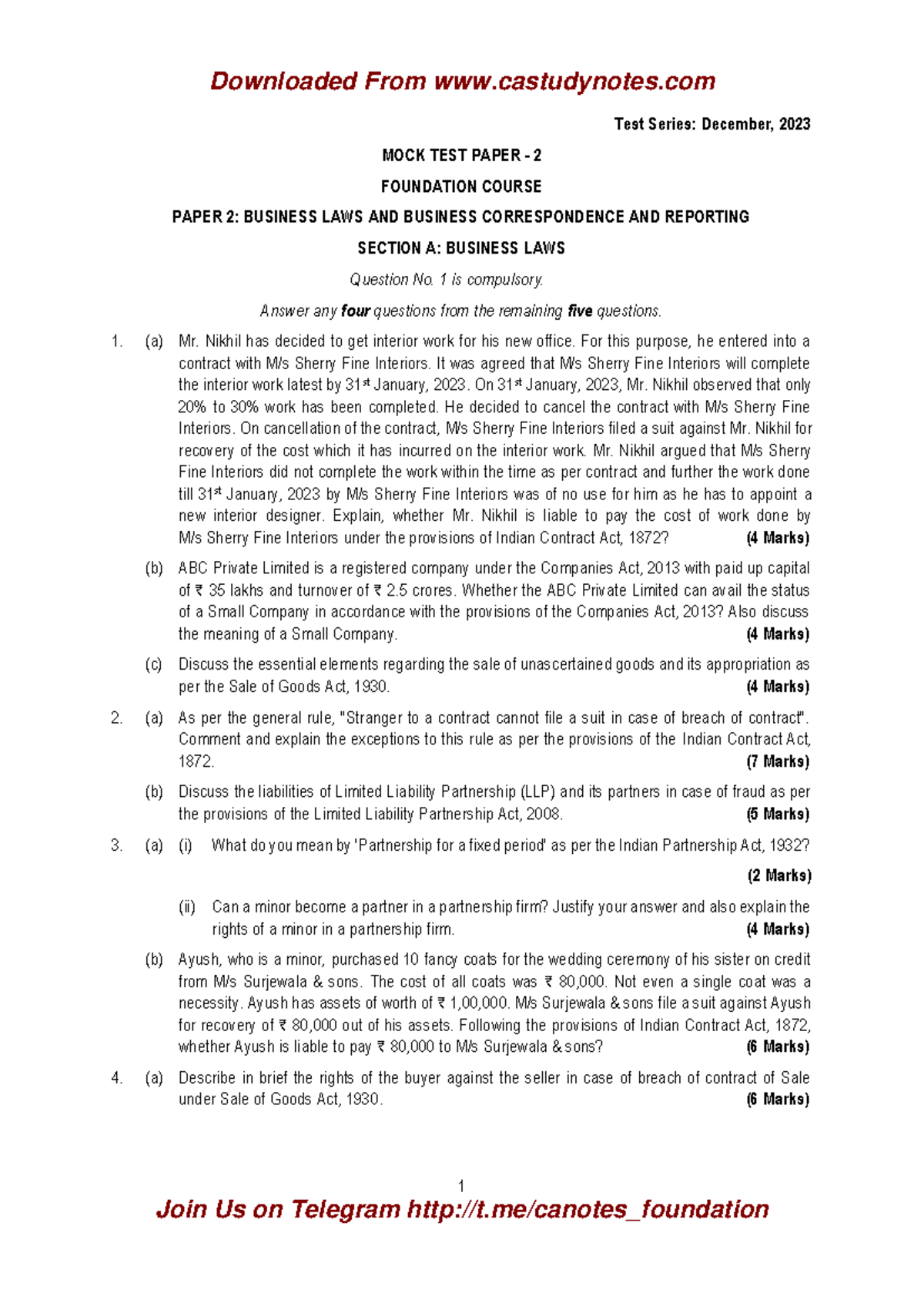 CA Foundation Mock Test Paper 2 - Business Laws & BCR Analysis Nov 2023 ...