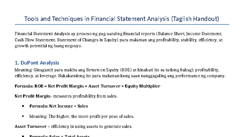 Financial Statement Analysis (FIN 101) Handout: Tools & Techniques - Studocu