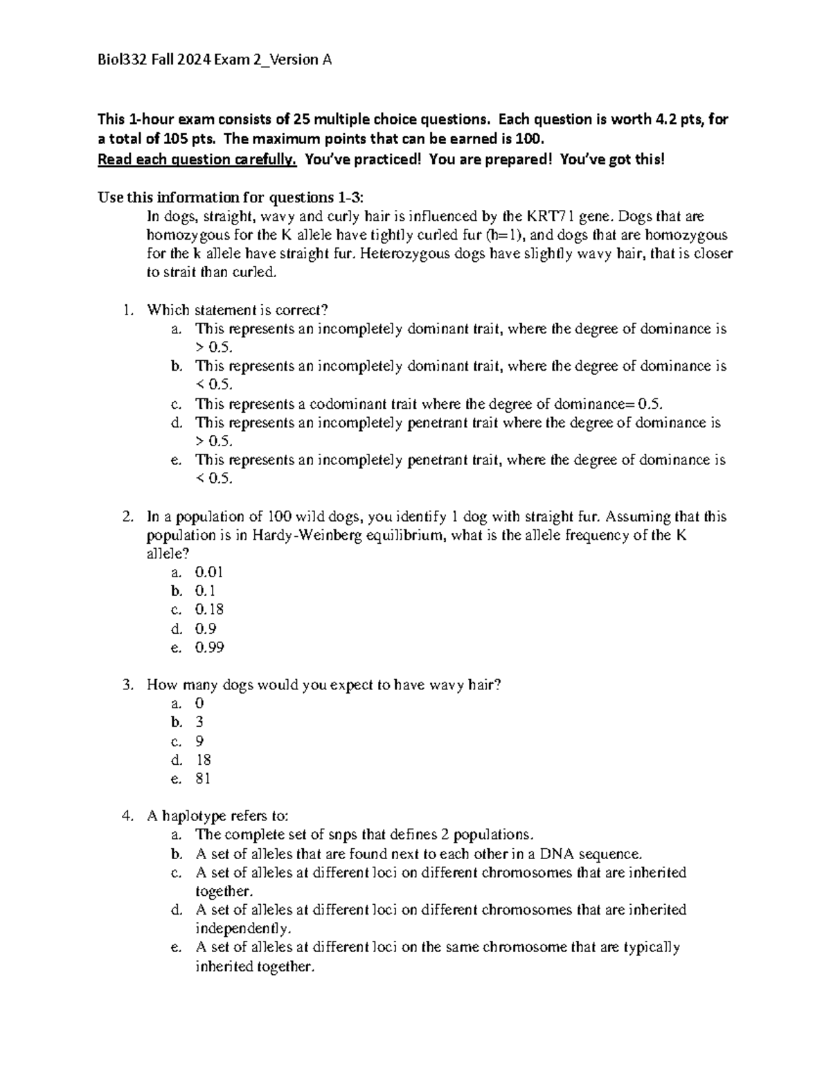Exam 2 Version A - Exam 2 for genetics. - This 1-hour exam consists of ...