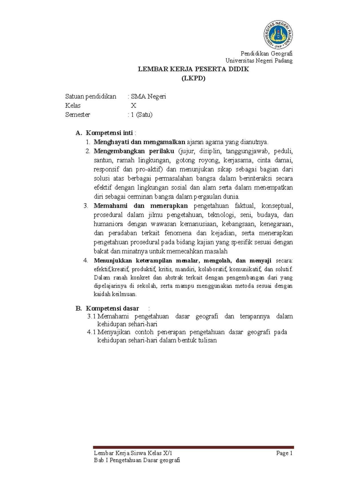 LKPD Kelas X - Bab 1: Pengetahuan Dasar Geografi - PG UNP - Studocu
