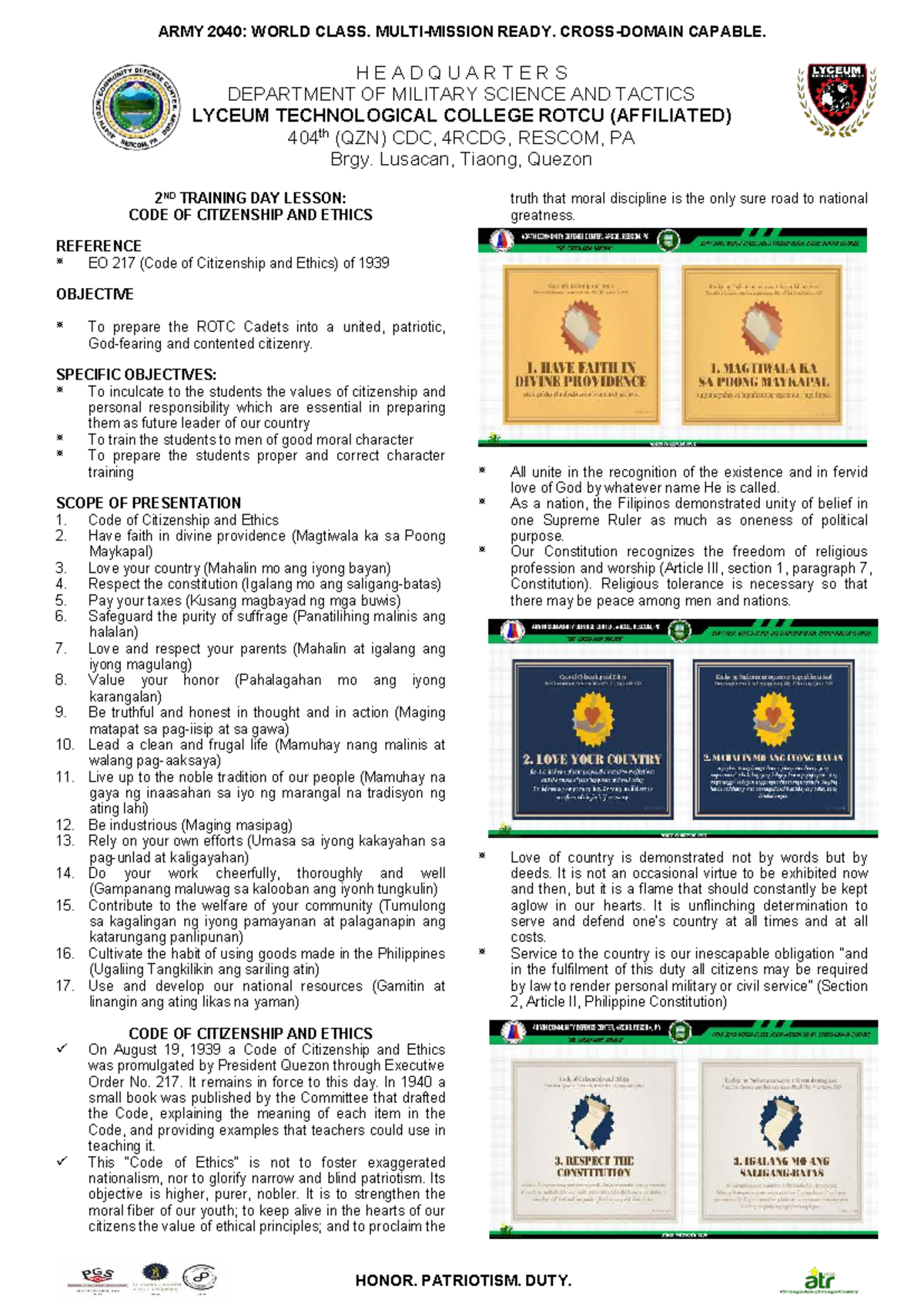 ARMY 2040: 1ST TO 4TH TRAINING DAY REVIEWER (LTC ROTCU 2024-2025) - Studocu