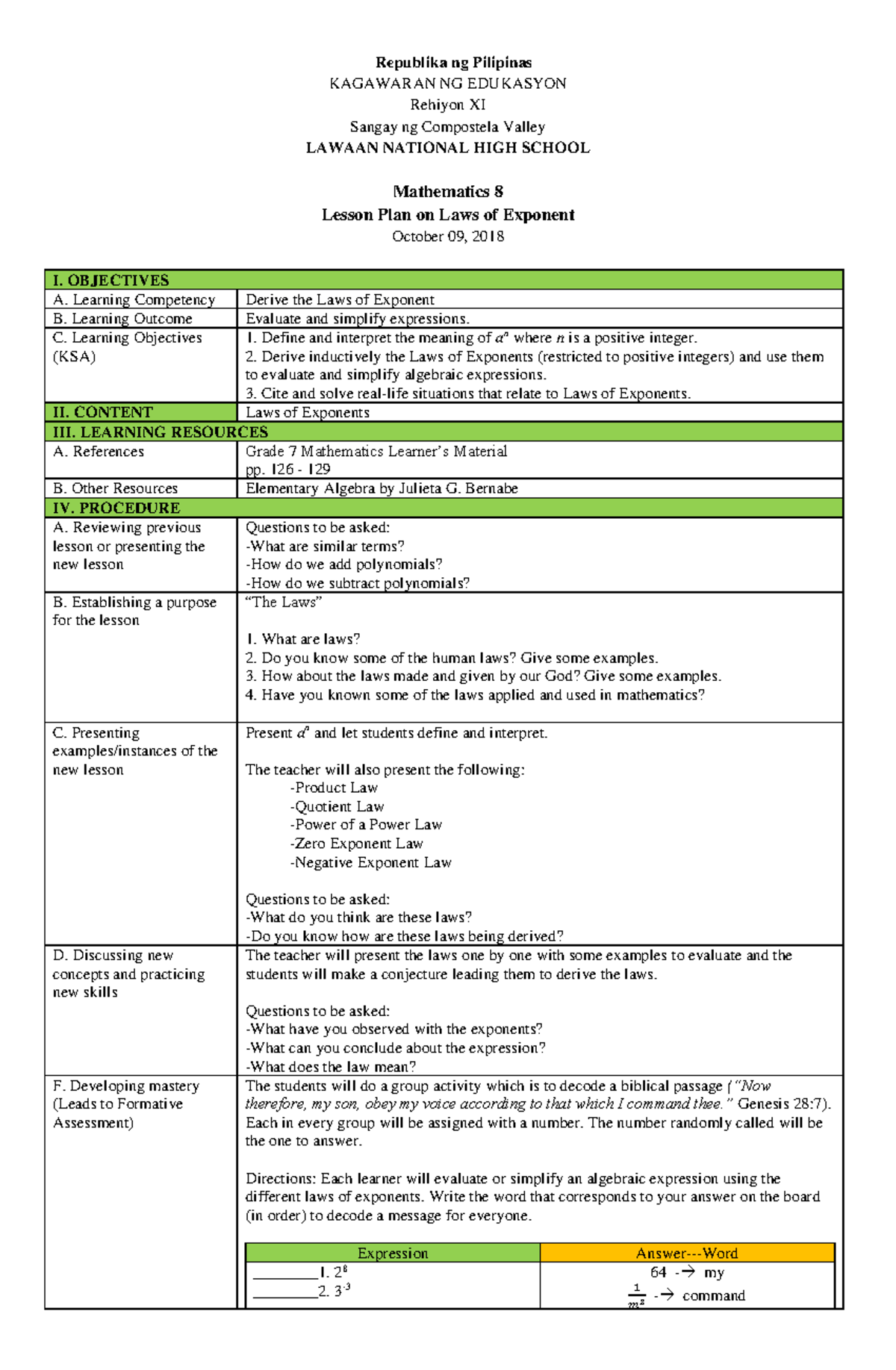 Mathematics 8: Lesson Plan on Laws of Exponents - Republika ng ...