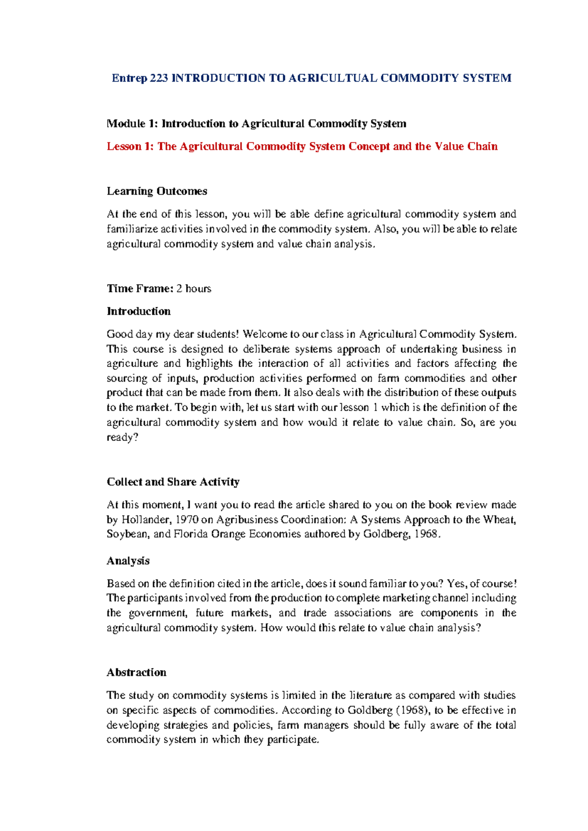 Module 1 Lesson 1 - Agribusiness Commodity System Concepts - ETRP 223 ...