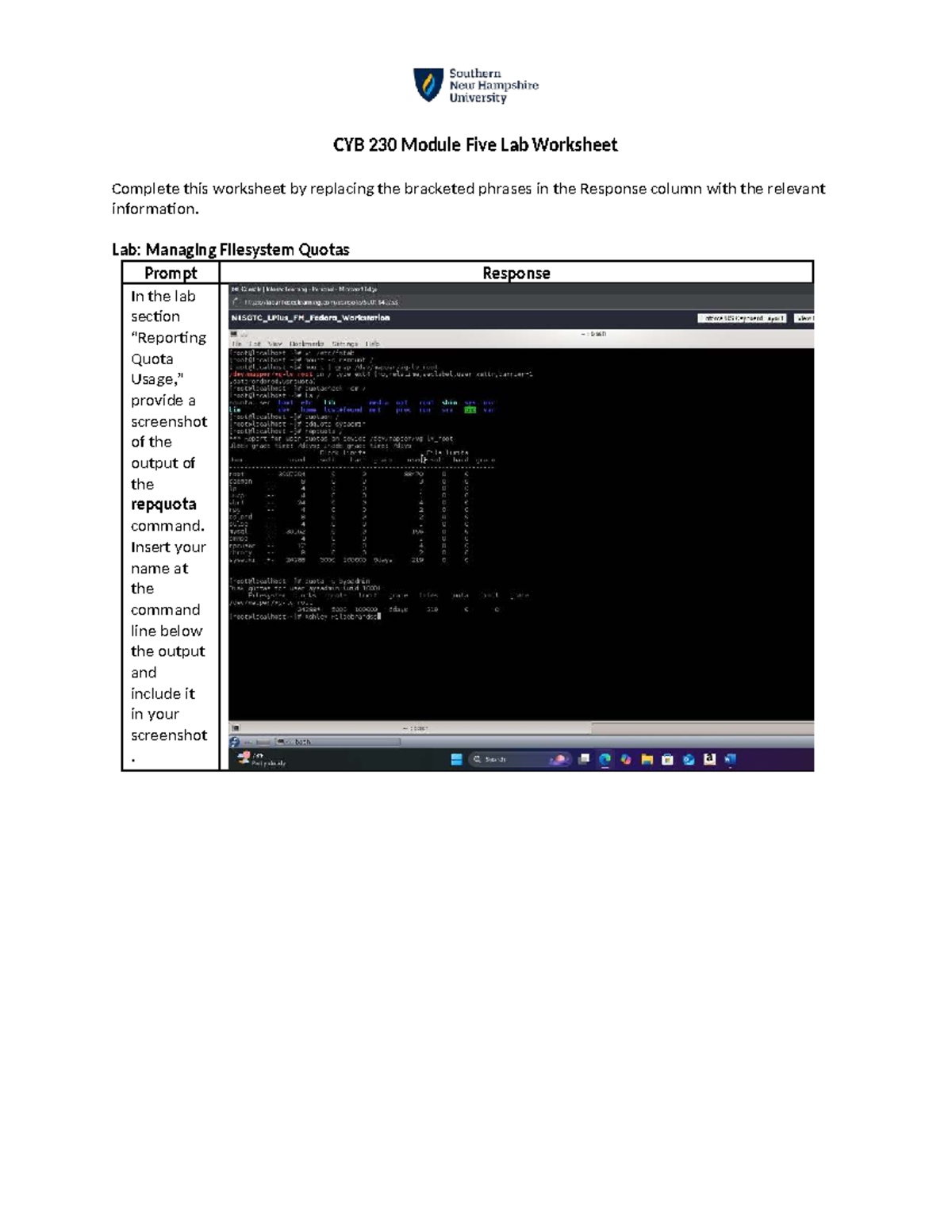 CYB 230 Module Five Lab Worksheet: Filesystem Quotas & Active Directory ...