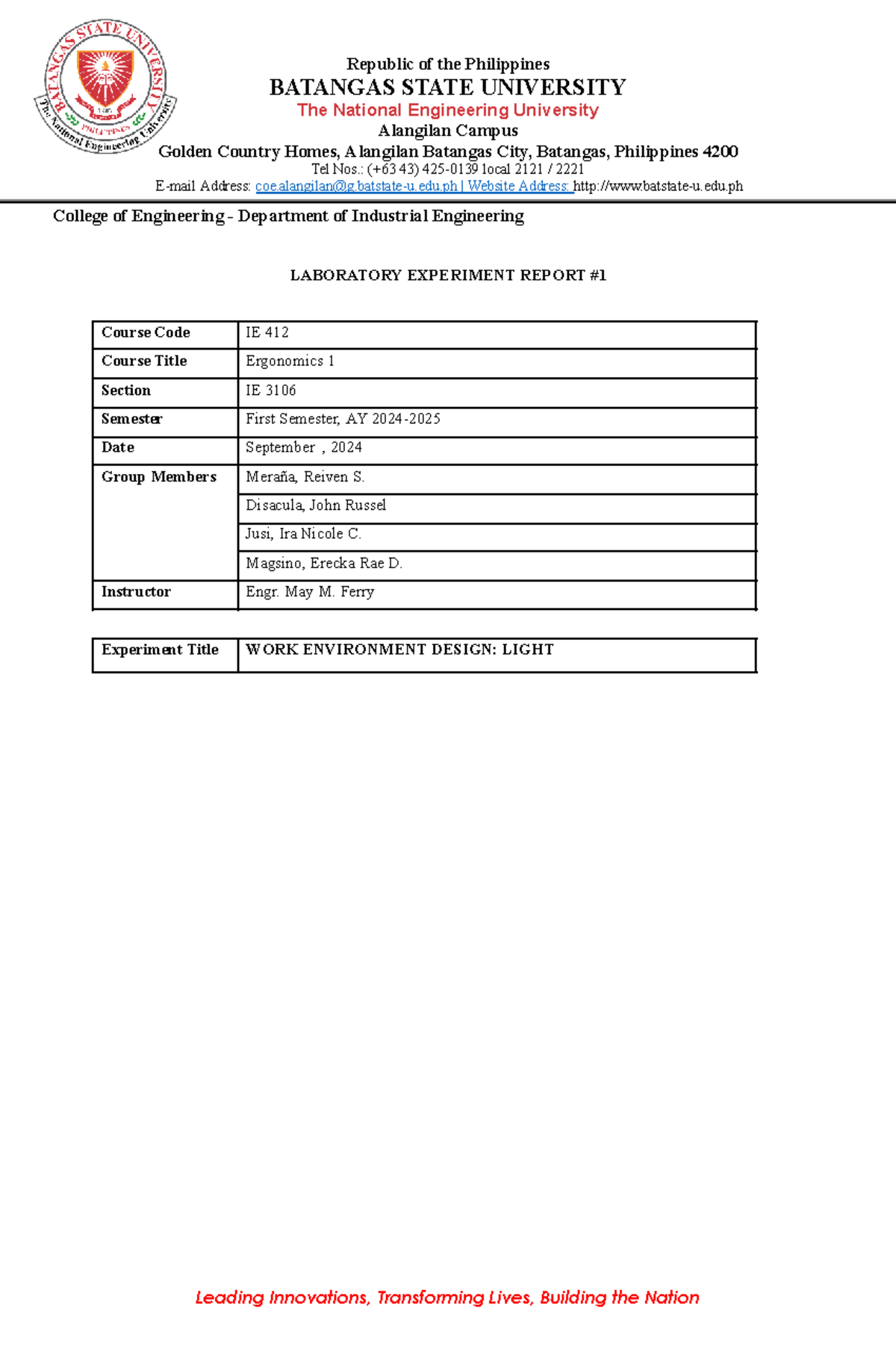 IE 412 Laboratory Experiment Report: Work Environment Design - Light ...