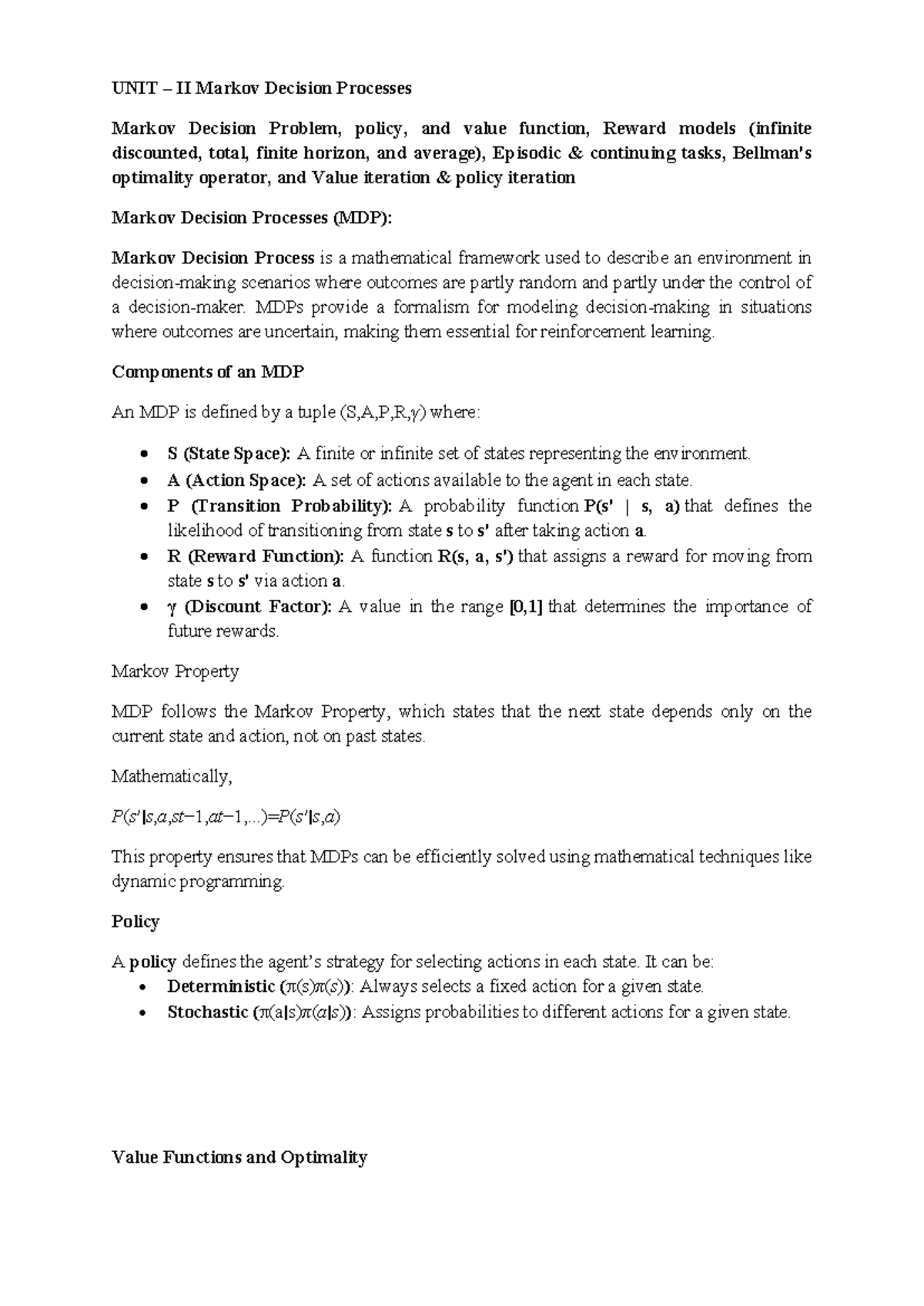 Unit II - Markov Decision Processes in Reinforcement Learning - Studocu