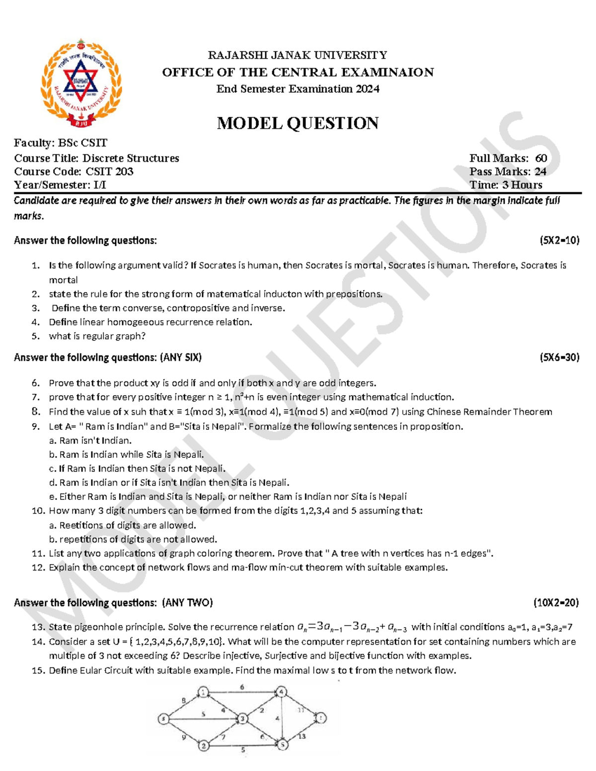 CSIT 203 Model Question Paper - Discrete Structures End Sem 2024 - Studocu
