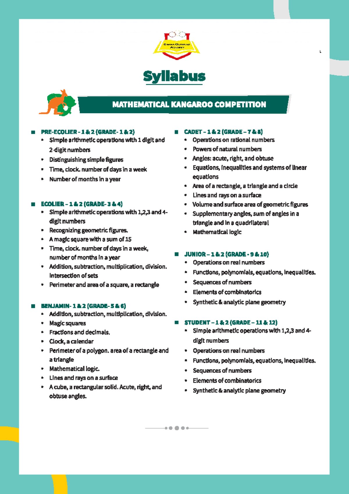 GHANA OLYMPIAD ACADEMY I: Kangaroo Math Syllabus (Grades 7-12) - Studocu