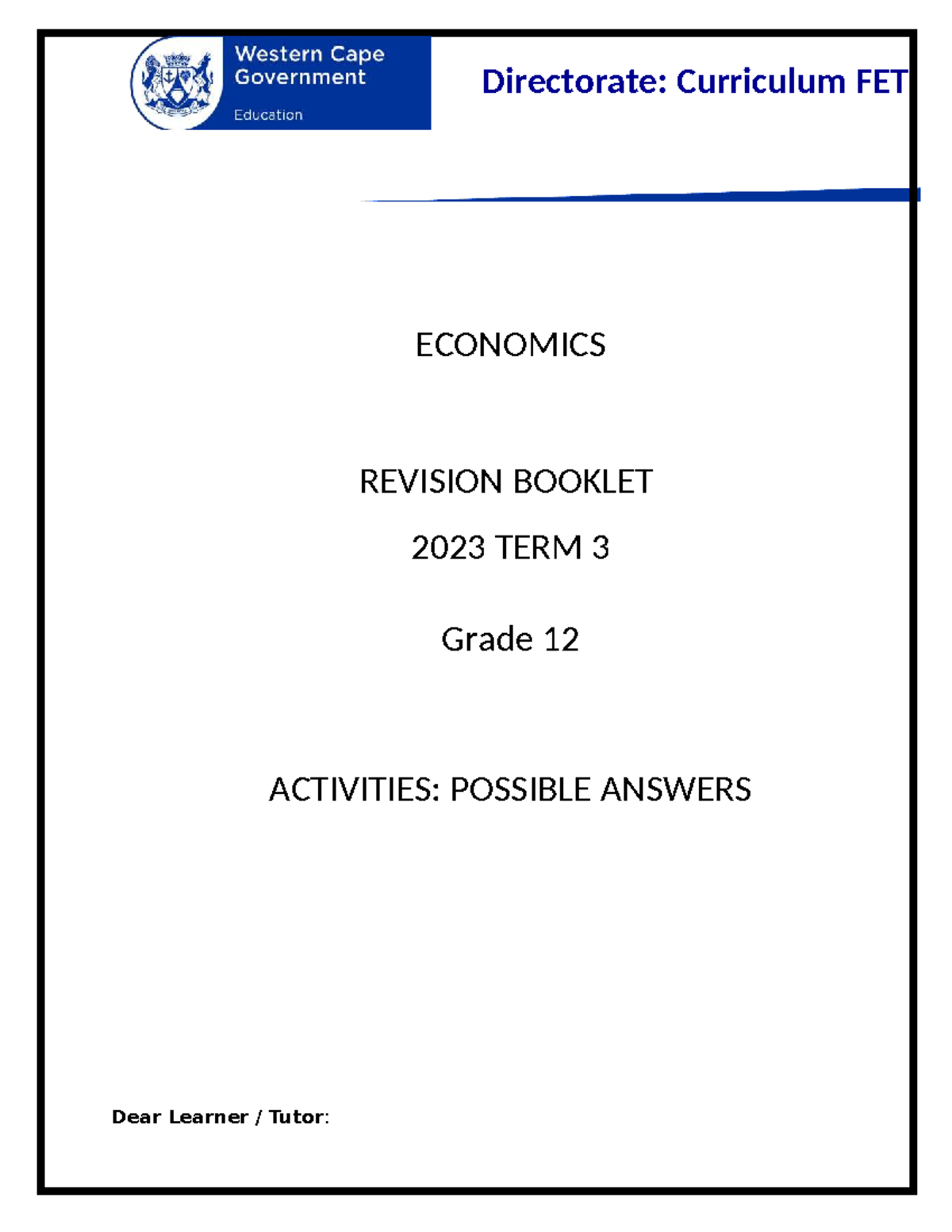 Economics Grade 12 Revision Material: Term 3 Activities & Answers - Studocu