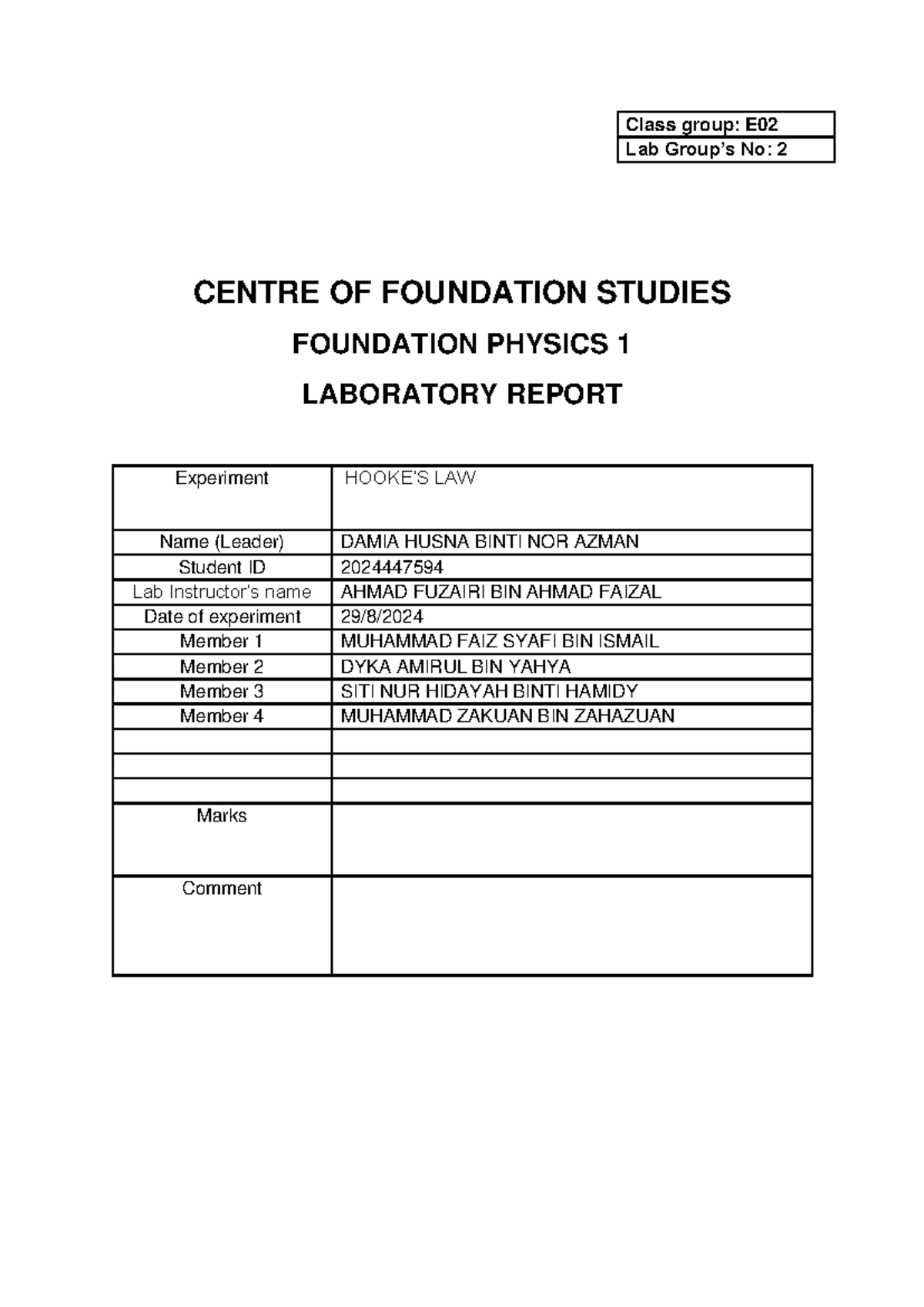 Newton Second LAW - LAB REPORT - Class group: E Lab Group’s No: 2 ...