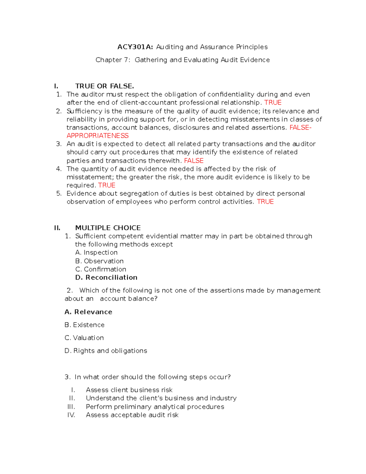 ACY301A: Quiz on Chapter 7 - Audit Procedures & Evidence - Studocu