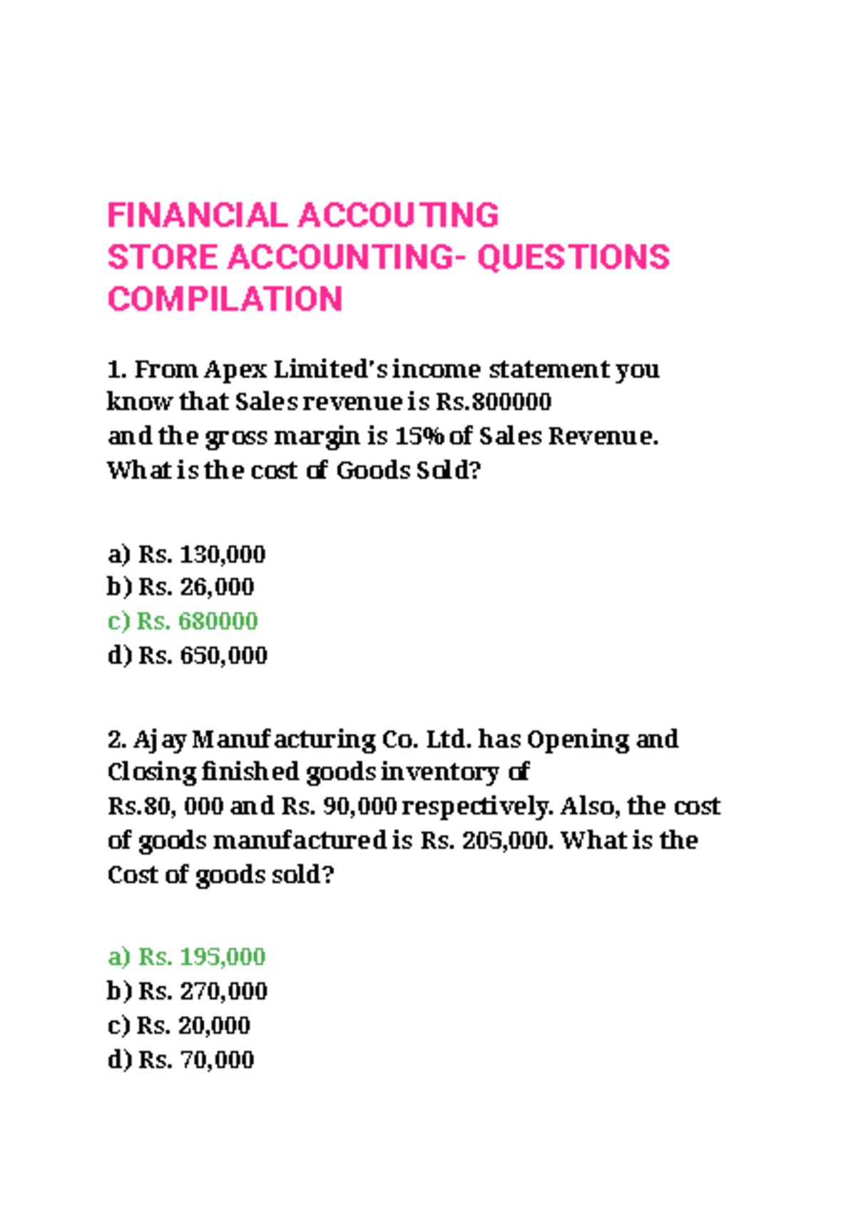 Financial accounting store keeping CMA CAT - FINANCIAL ACCOUTING STORE ...