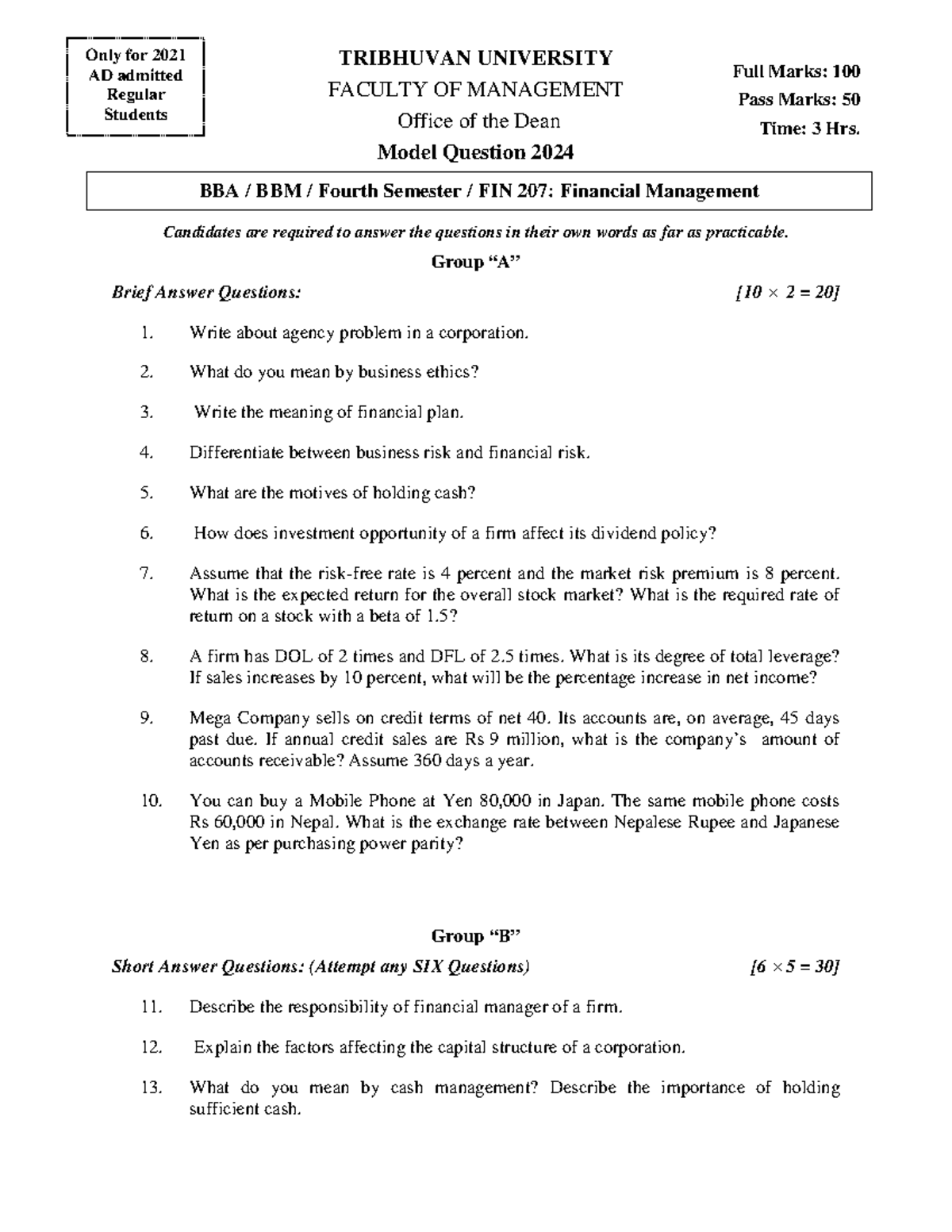 BBA 4th Semester Model Questions 2024: FIN 207 & MGT 234 - Studocu