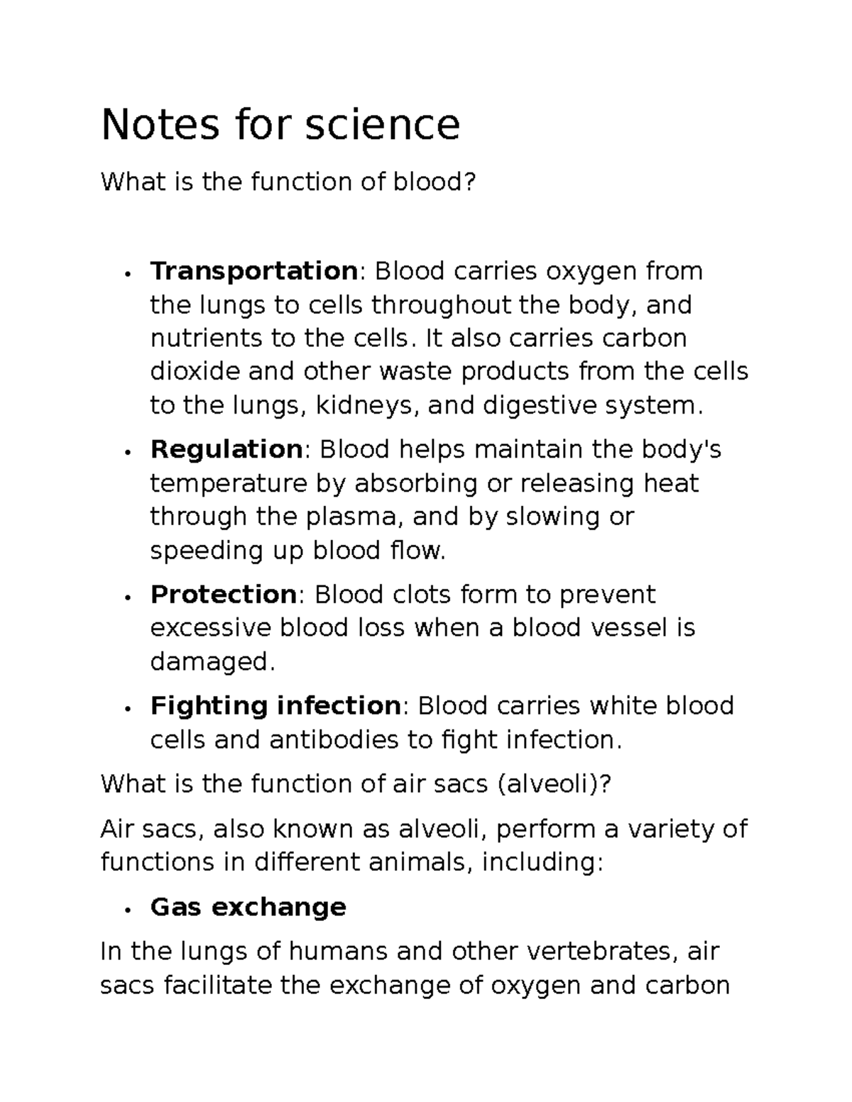 Biology 101: Functions of Blood, Alveoli, and Respiration Notes - Studocu