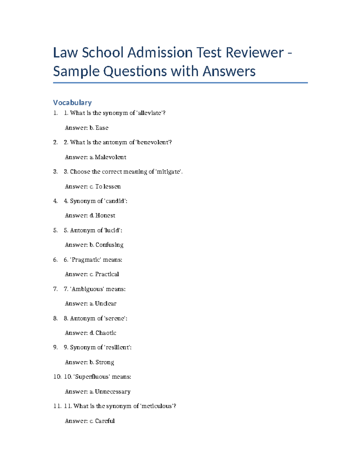 Law School Admission Test Reviewer: Sample Questions & Answers - Studocu