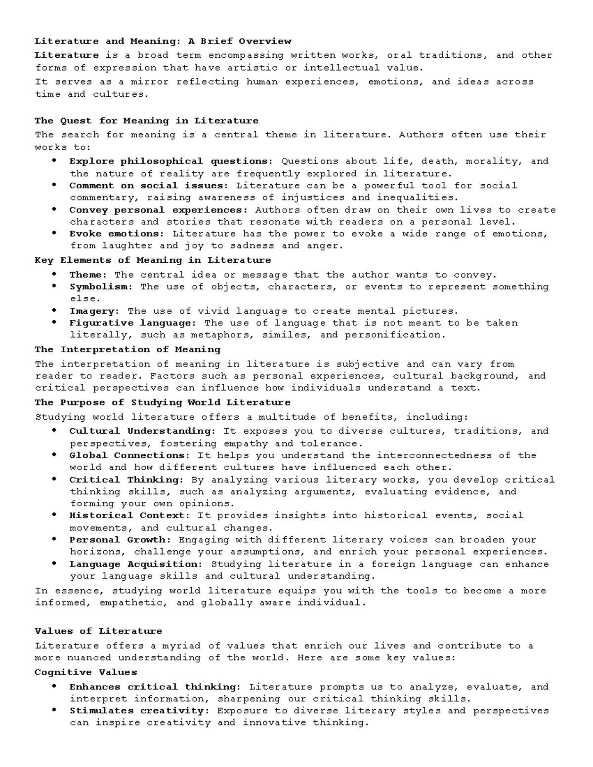 Literature and Meaning Intro - Literature and Meaning: A Brief Overview ...