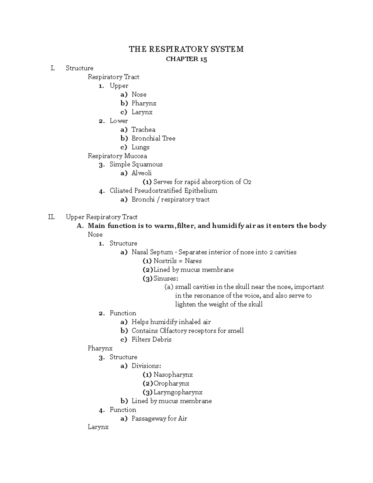 CH 15 THE Respiratory System - THE RESPIRATORY SYSTEM CHAPTER 15 I ...