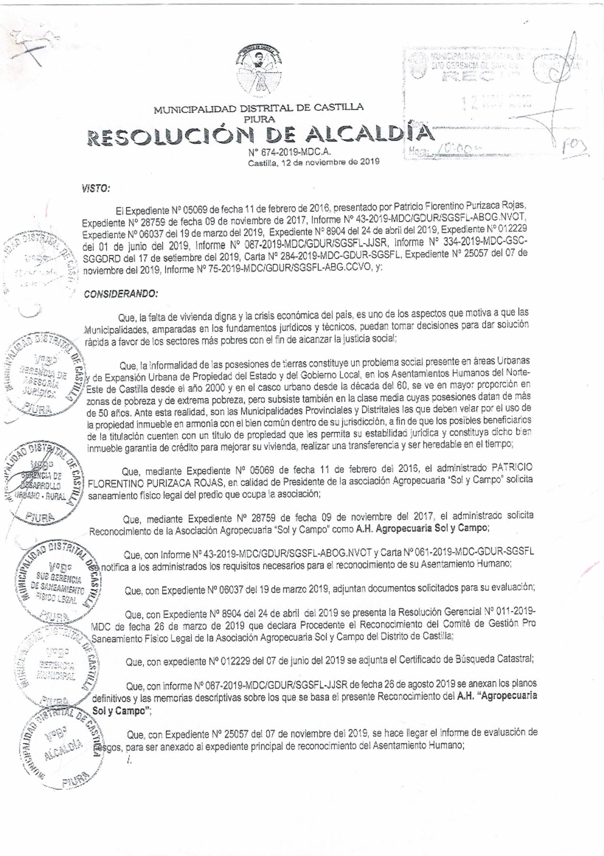 Resolución de Alcaldía sobre el Reconocimiento del A.H. Sol y Campo ...