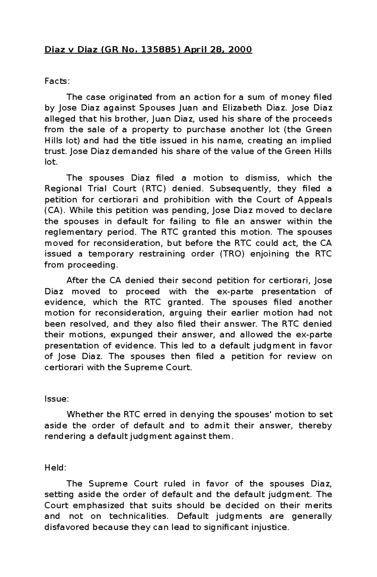 Diaz v Diaz (GR No. 135885) Case Summary and Ruling Analysis - Studocu
