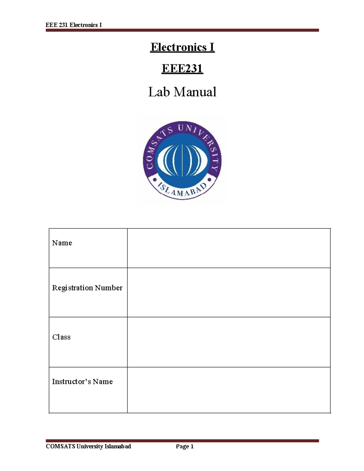 EEE231 Lab Manual: Electronics I Experiments and Safety Guidelines ...