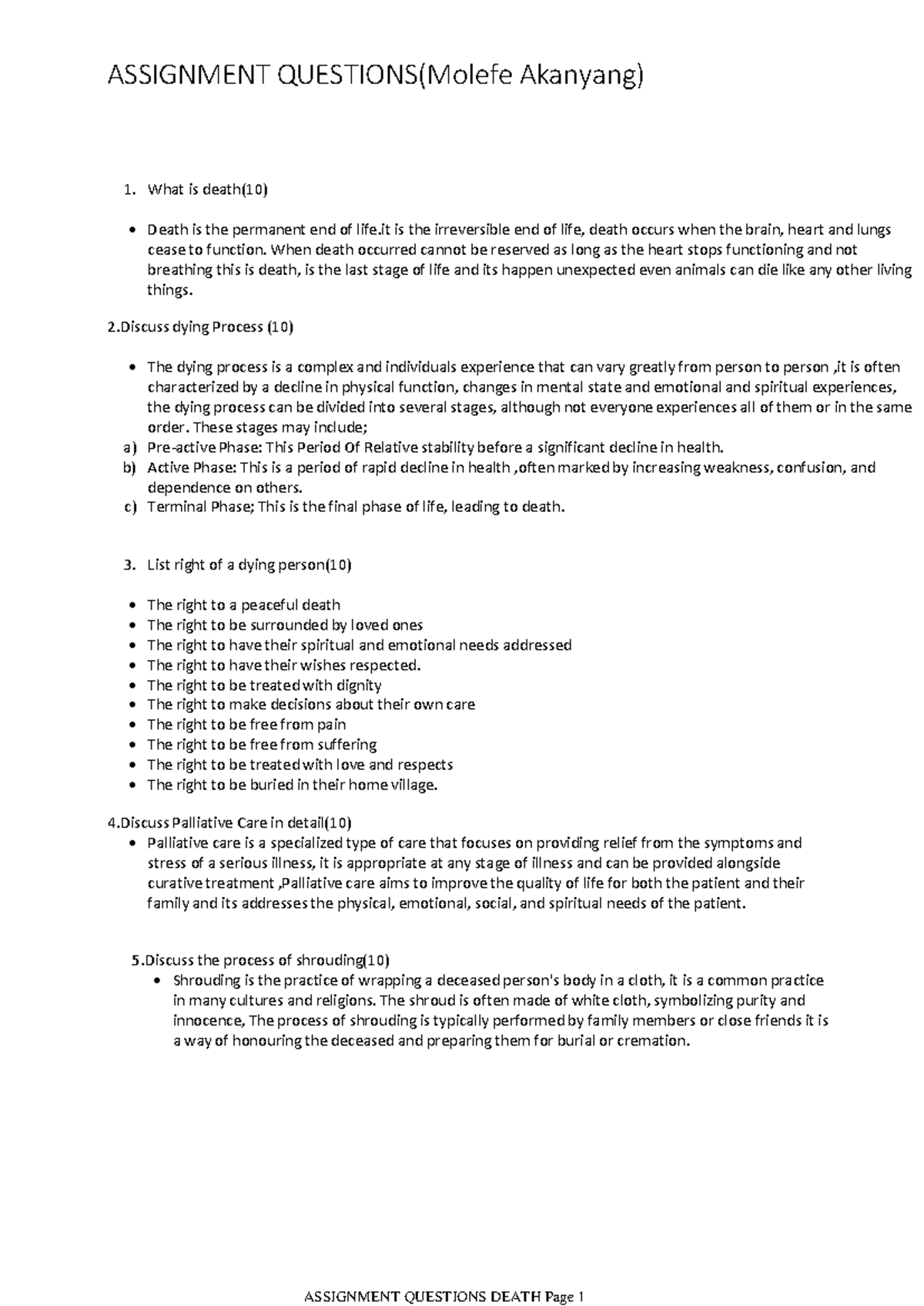 ASSIGNMENT QUESTIONS: Understanding Death and Dying Process - Studocu
