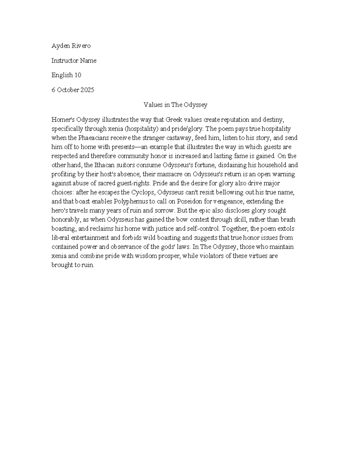 English 10 Essay: Values of Xenia in The Odyssey - Studocu