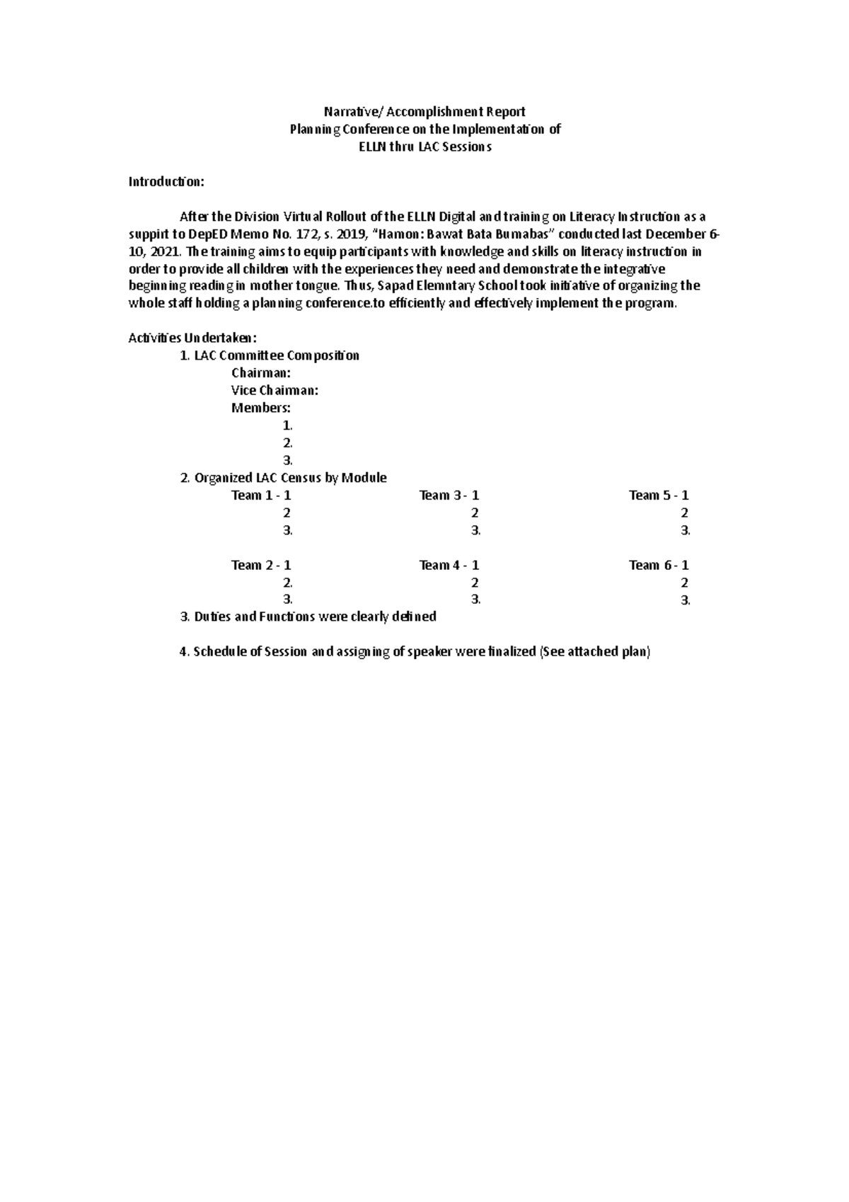 ELLN Planning Conference Narrative Report: Accomplishments & Activities ...