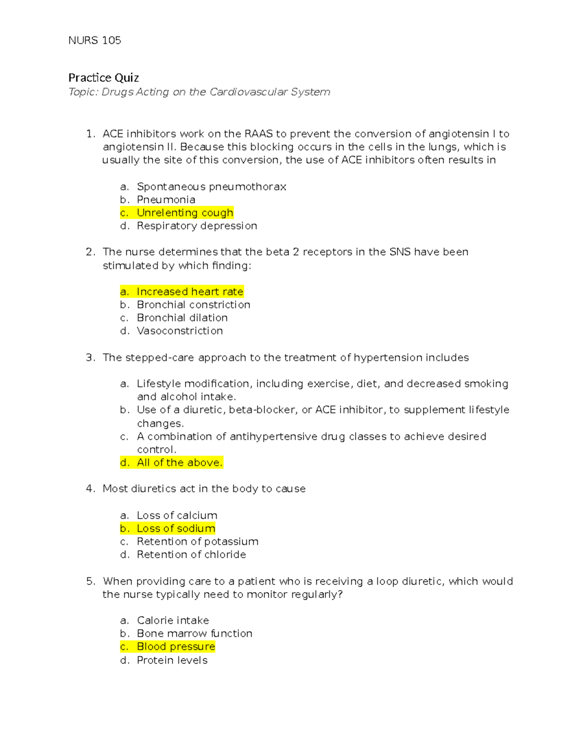 NURS 105 Practice Quiz: Cardiovascular Drugs & Nursing Care - Studocu