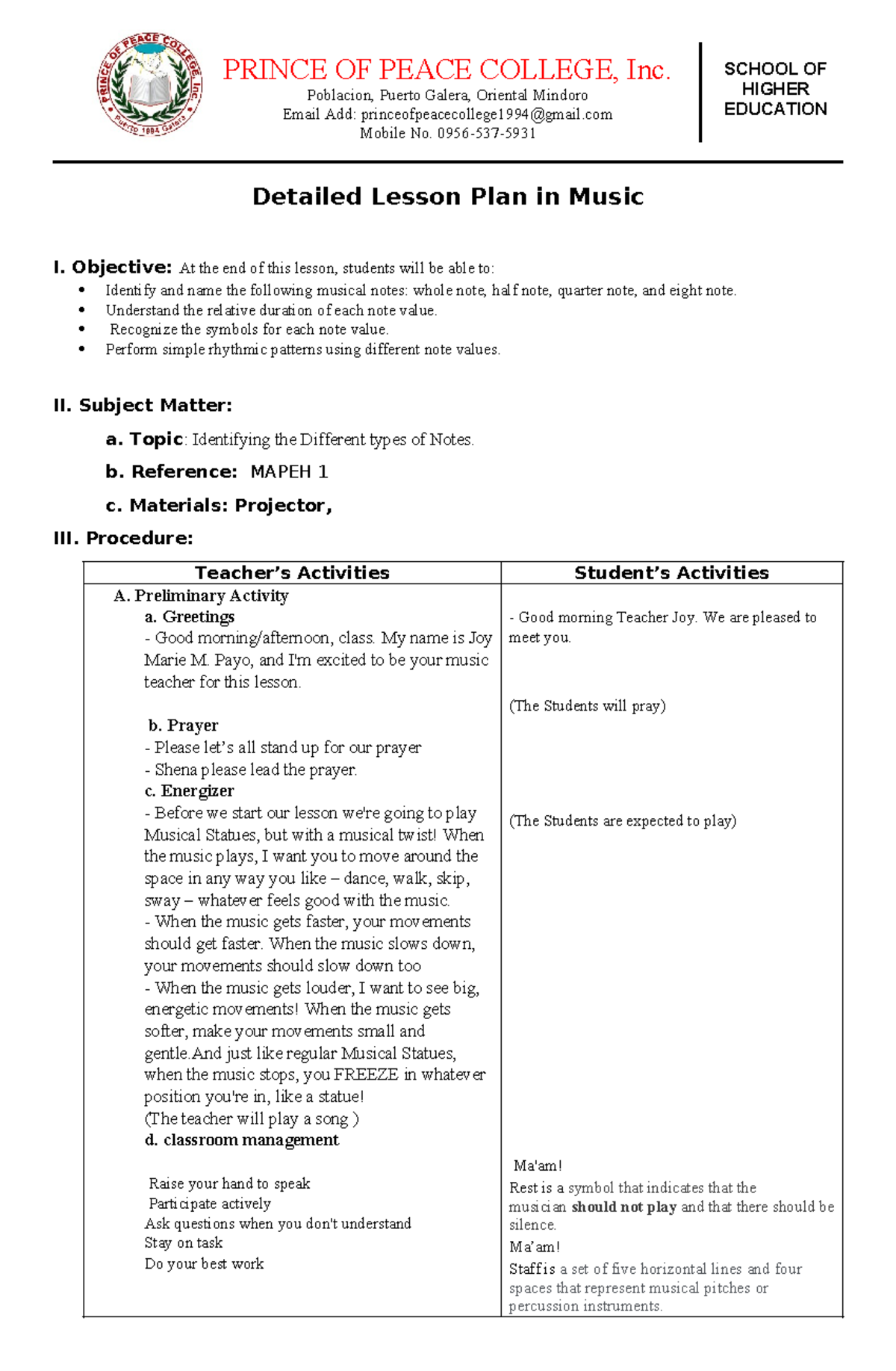 Detailed Lesson Plan for MAPEH 1: Understanding Musical Notes - Studocu