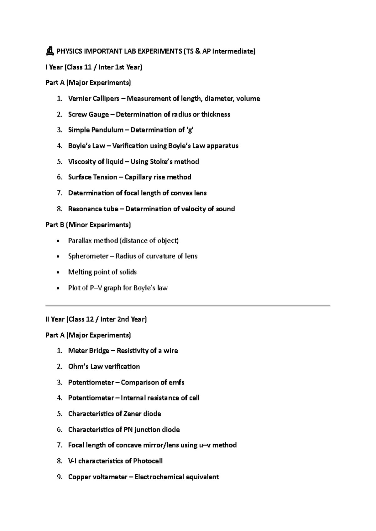 PHYSICS & CHEMISTRY IMPORTANT LAB EXPERIMENTS (TS AP Intermediate ...