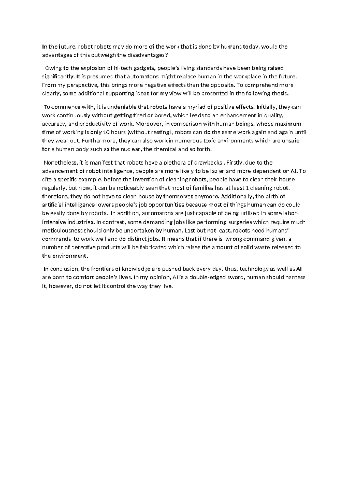 ENG 101 Essay: The Pros and Cons of Robots in the Workplace - Studocu