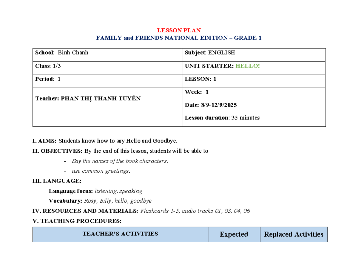 GRADE 1 ENGLISH LESSON PLAN: UNIT 1 - WEEK 1 - Studocu