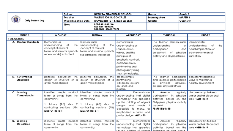 DLL MAPEH 6 Q3 WEEK 2: Lesson Plans & Activities - Studocu